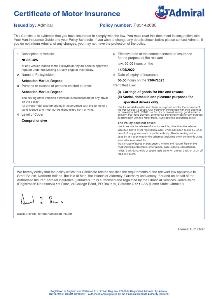 Comprehensive Van Insurance Certificate | PDF | Vehicle Insurance ...