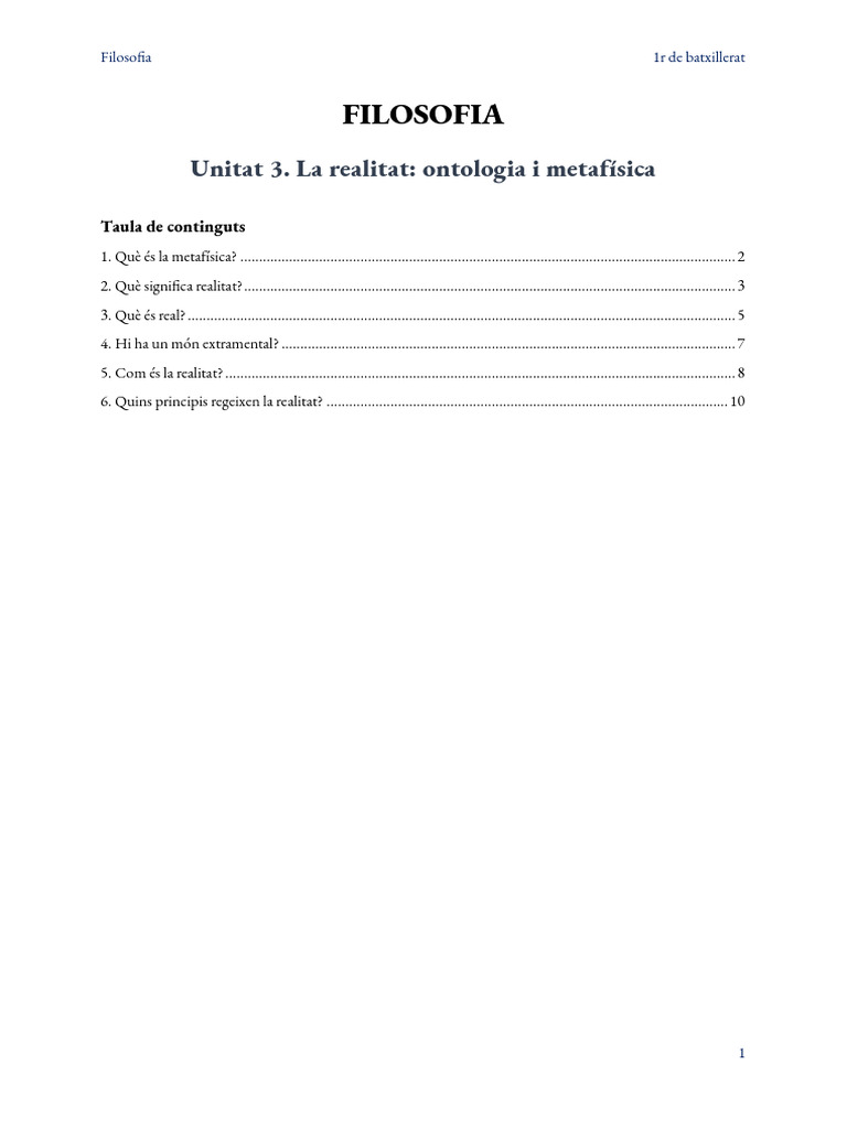 Unitat 2. La realitat. Ontologia i metafísica | PDF Unitat 2. La realitat. Ontologia i metafísica | PDF