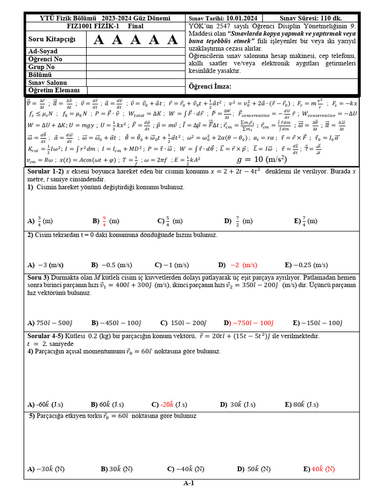 Fizik1 Final A Turkce 2023 2024 | PDF