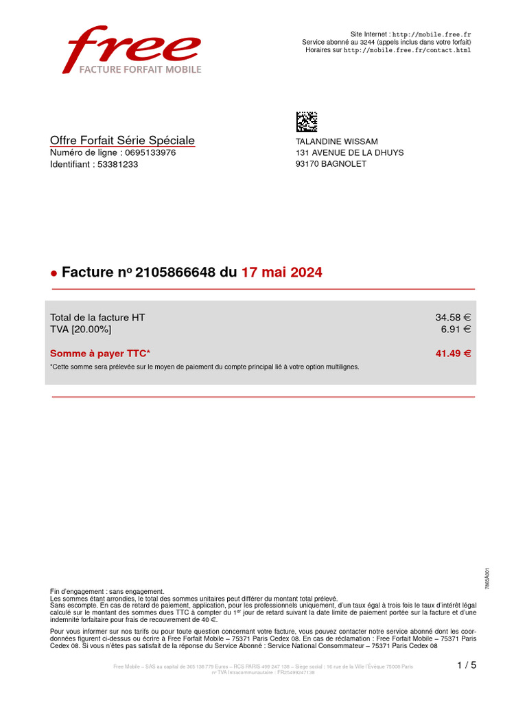 Facture Free Mobile - Mai 2024 | PDF | Taxe sur la valeur ajoutée | Facture