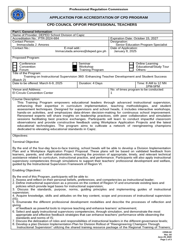IS-CPDD-02 APPLICATION FOR CPD PROGRAM - SDO - Capiz | PDF | Educational Technology | Learning