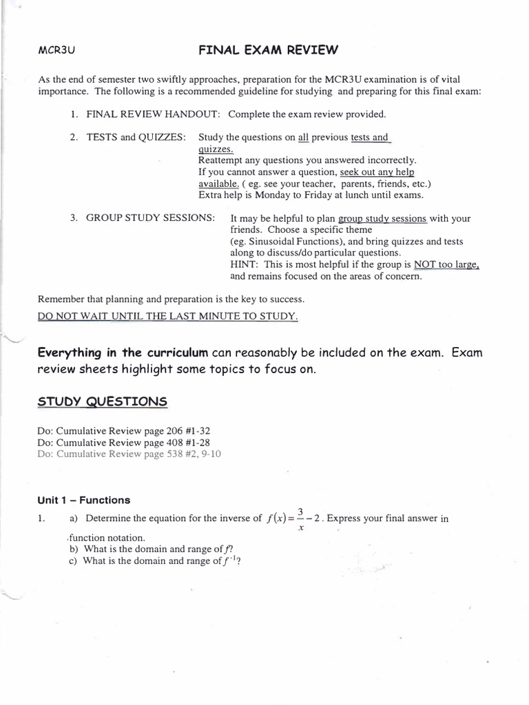 MCR3U Final Exam Review 2024 | PDF | Function (Mathematics) | Phase (Waves)