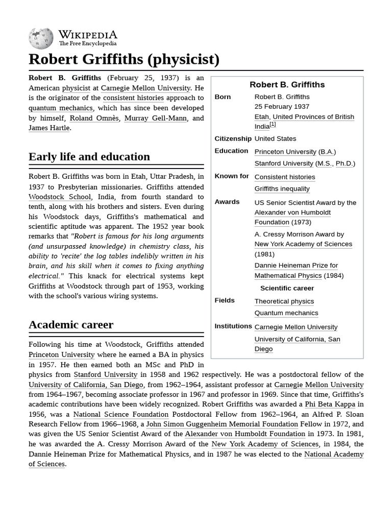 Robert Griffiths (Physicist) | PDF | Science | Theoretical Physics