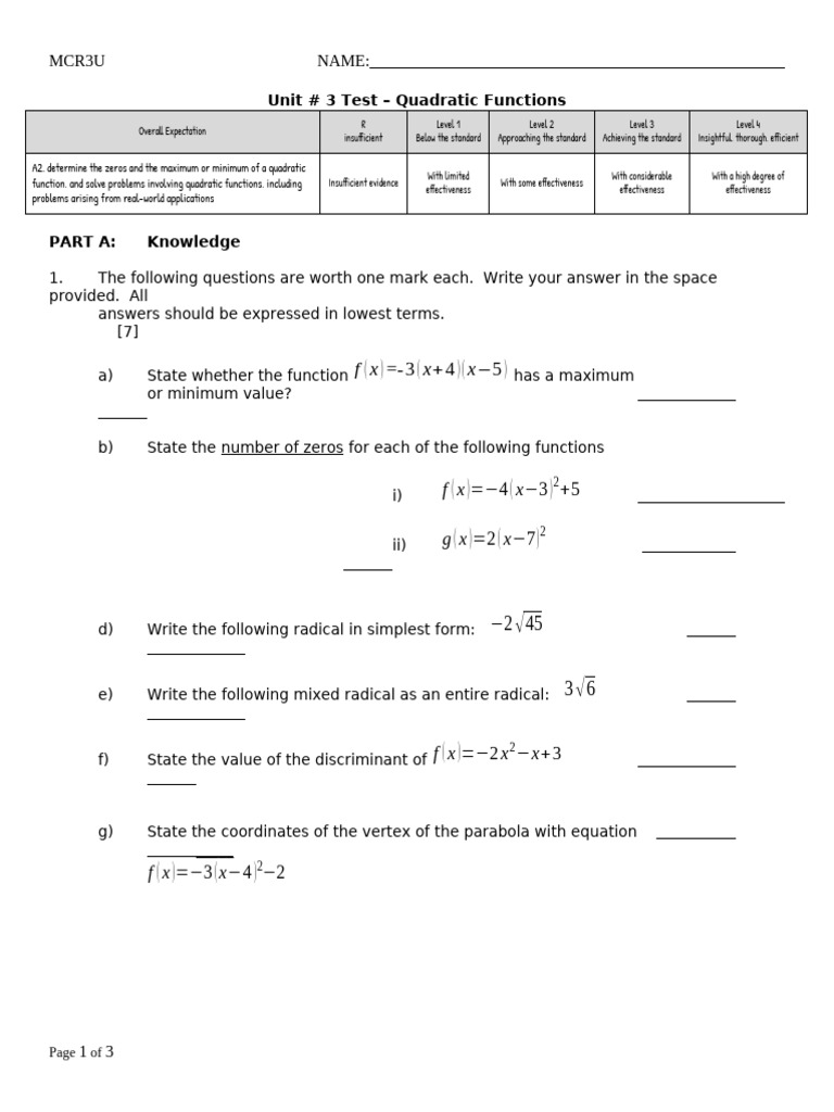 Unit #3 Test Quadratic Functions Fall 2022 | PDF | Quadratic Equation ...