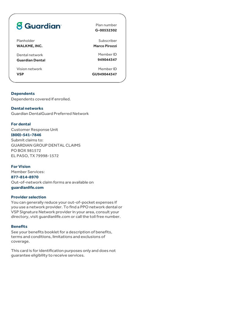 Guardian Dental and Vision ID Card | PDF