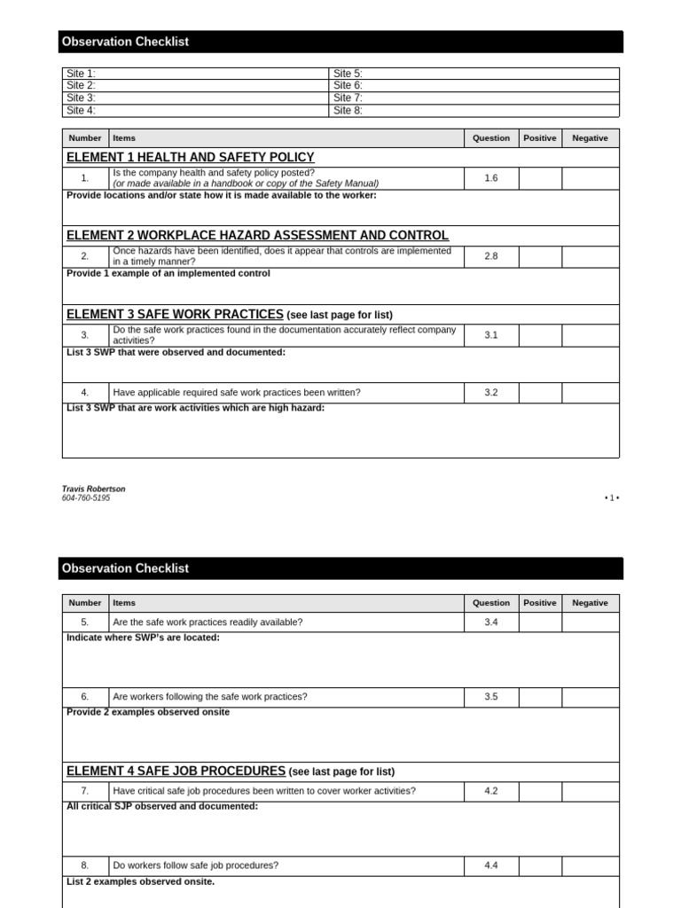 Health and Safety Observation Checklist | PDF | Personal Protective ...
