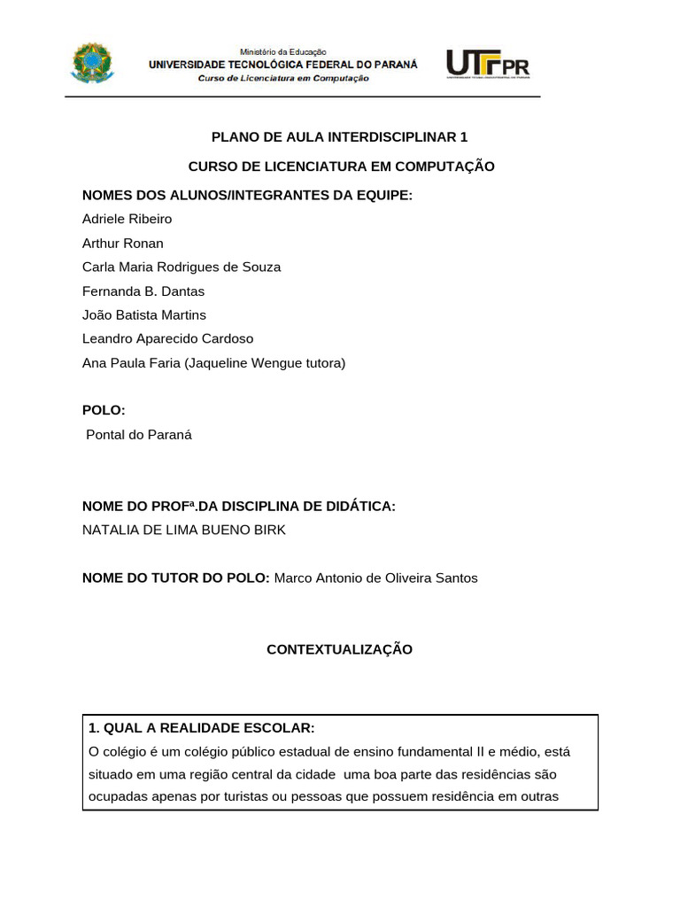 Plano de Aula Interdisciplinar 1 | PDF | Script Java | Interdisciplinaridade