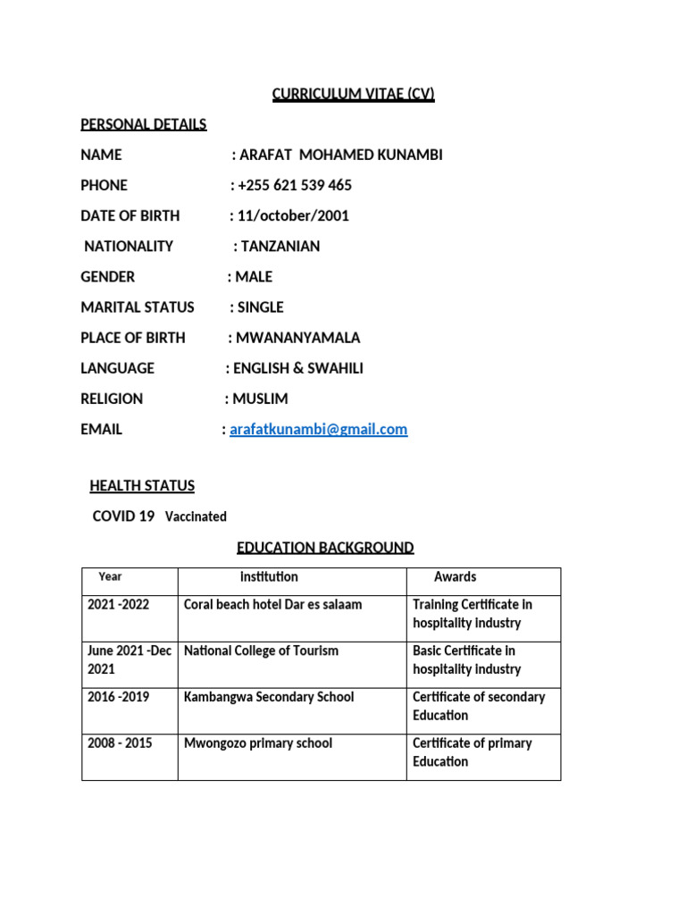 Hospitality CV: Arafat Mohamed Kunambi | PDF