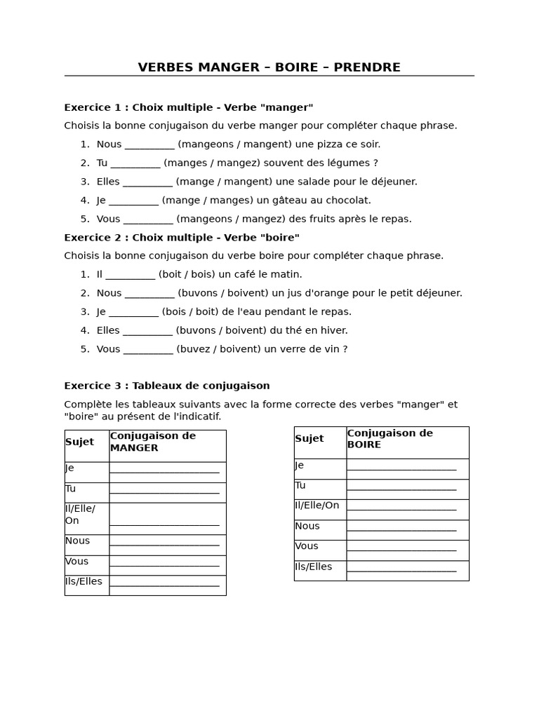 Conjugaison des verbes Manger et Boire | PDF | Repas | Boisson