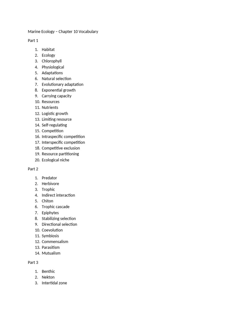 Marine Ecology Vocabulary List | PDF