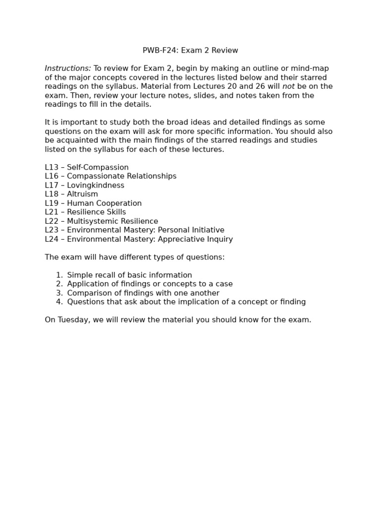 Exam 2-Review Sheet F24 | PDF