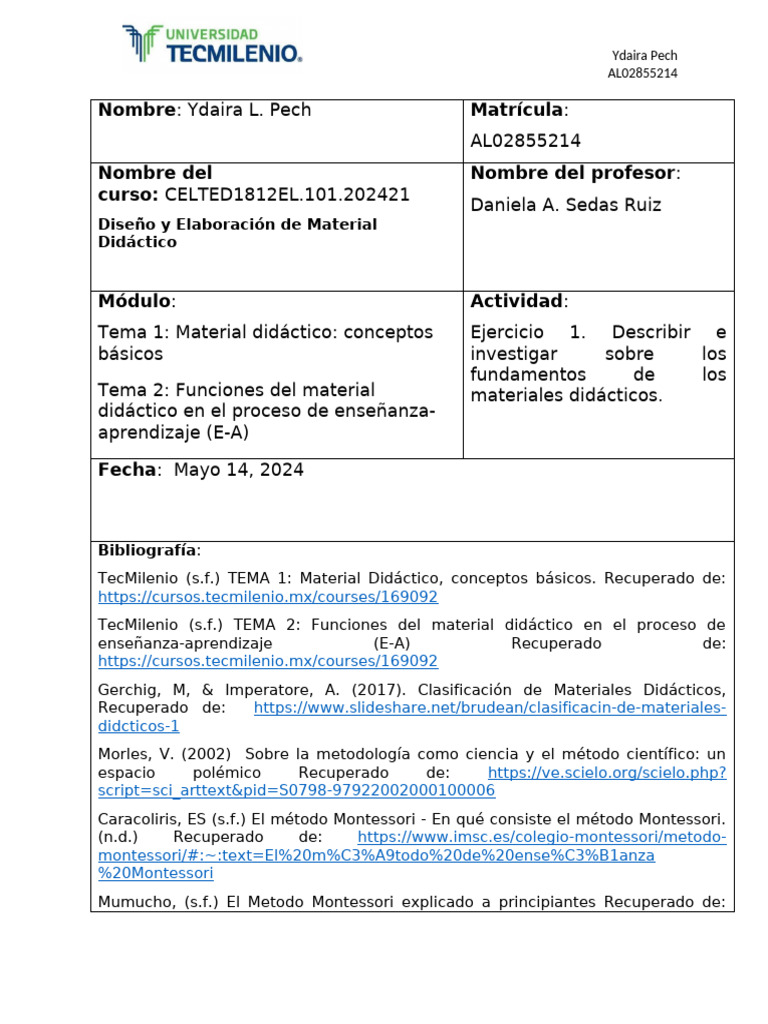 Ejercicio 1 Diseño y Elaboracion de Mateerial Didactico May 2024 Ydaira - Pech-1 | PDF ...
