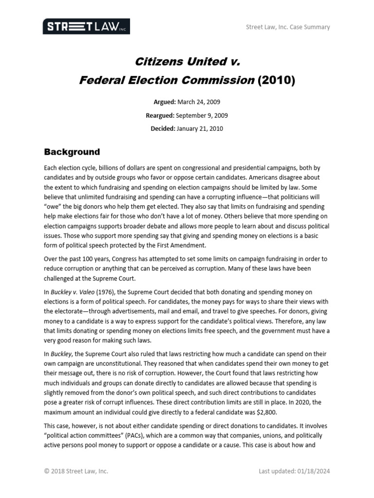 Citizens United V Fec Case Summary Streetlaw | PDF | Citizens United V ...