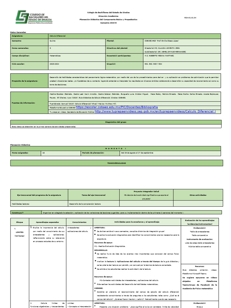 Planeación Colegiada Cálculo Diferencial 2023B - RMM | PDF | Evaluación | Aprendizaje