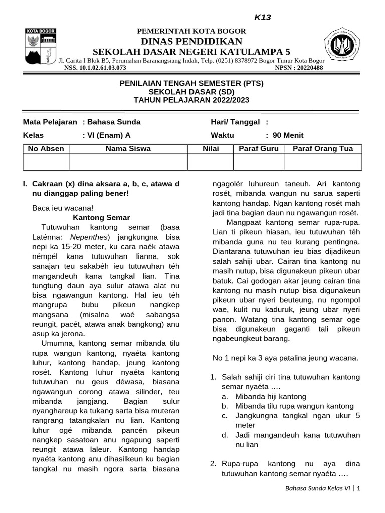 Soal PTS Ganjil B Sunda Kelas 6 | PDF
