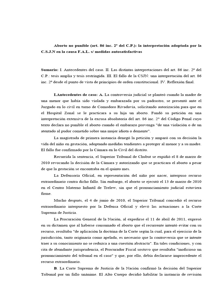 Comentario Al Caso Fal - Aborto | PDF | Violación | Caso de ley