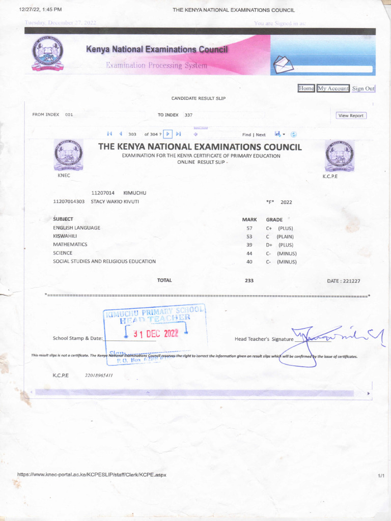 stacy Wakio_KCPE_RESULT_SLIP+BIRTH CERTIFICATE-2 PAGES | PDF