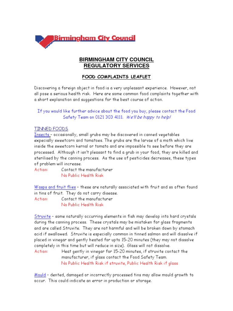 Food Complaints Leaflet0 | PDF | Vegetables | Canning