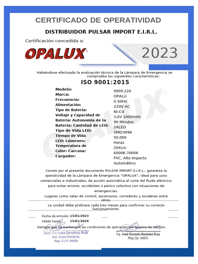 Certificado Opalux | PDF