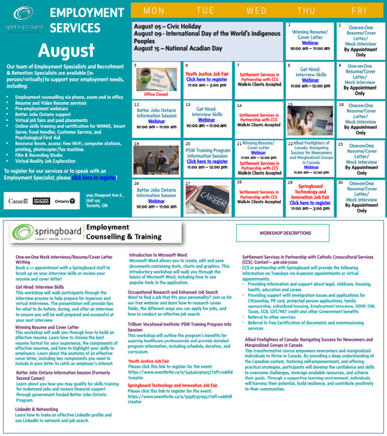 August - Workshop Calendar - Springboard Employment Services - Client | PDF