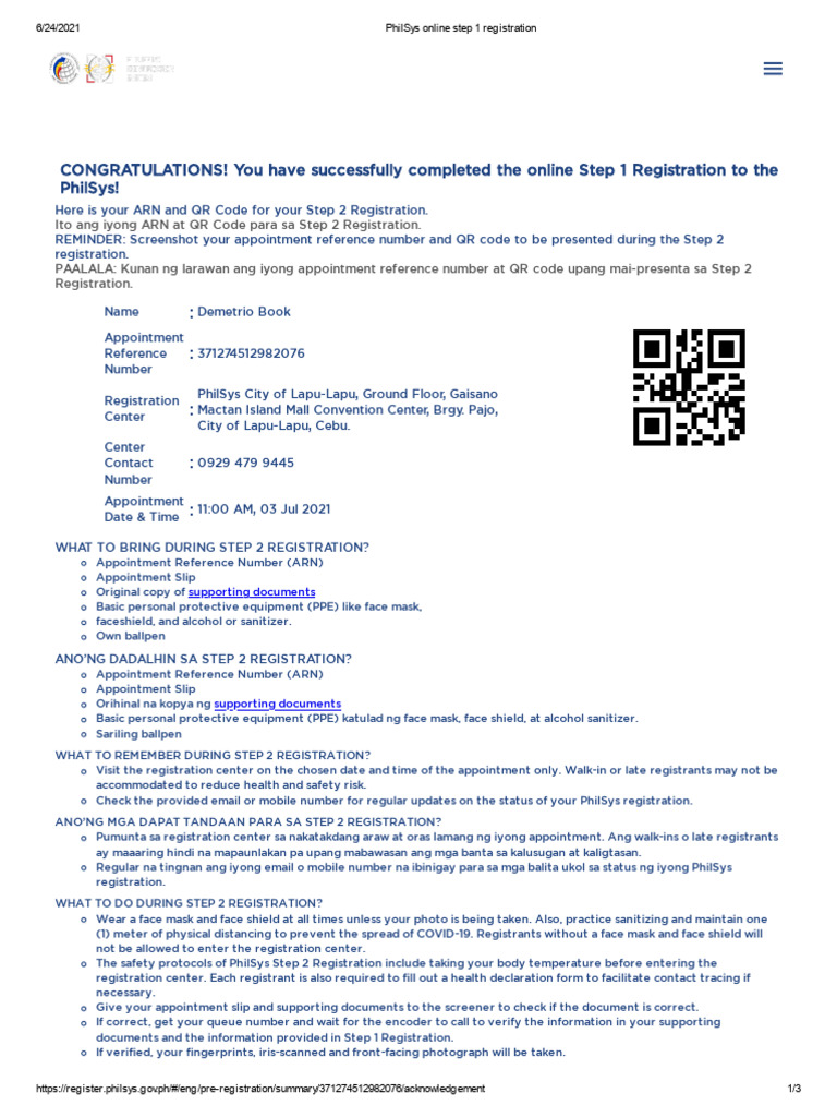 PhilSys Online Step 1 Registration | PDF