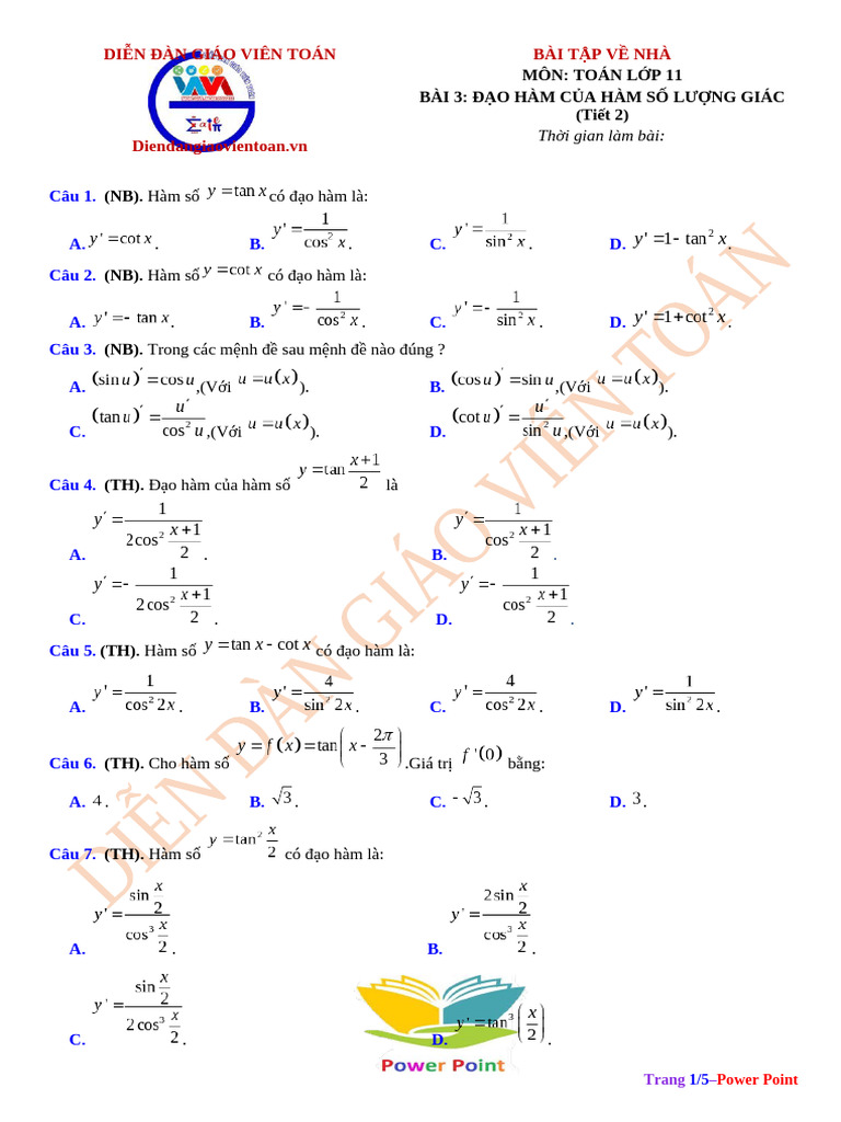 1D5-B3-Đạo Hàm Của Hàm Số Lượng Giác-BTVN-TIẾT 2-Ekip7 | PDF