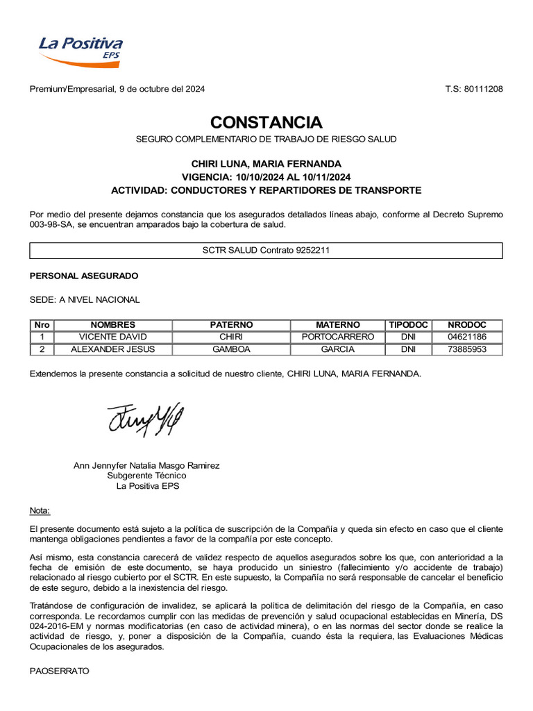 Constancia SCTR Salud - MARIA FERNANDA CHIRI LUNA | PDF