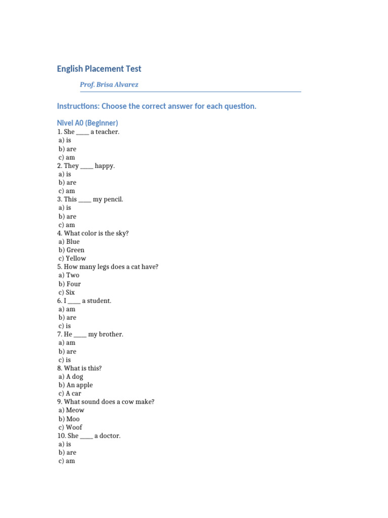 English Placement Test Levels A0-C2 | PDF