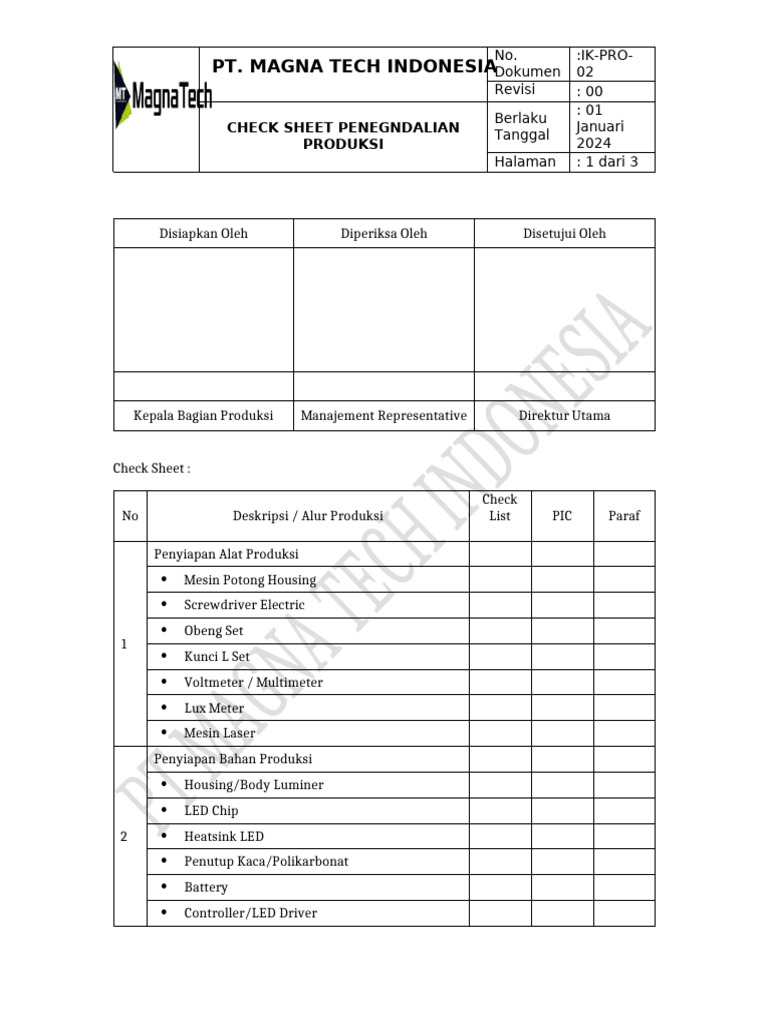 Check Sheet Produksi PT. Magna Tech | PDF