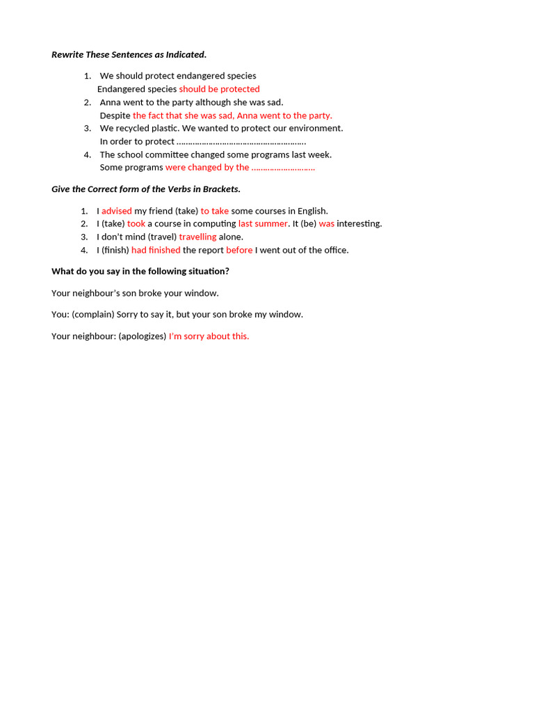 Sentence Rewriting and Verb Forms Guide | PDF