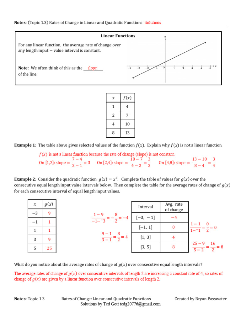 Notes Key Topic 1.3 Rates of Change Linear and Quadratic Functions Ap ...