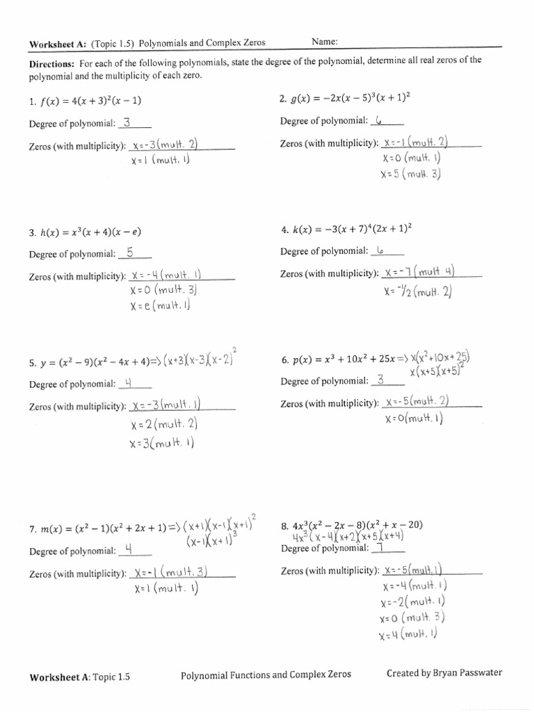 Homework Solutions 1 5 Polynomial Functions And Complez Zeros Pdf