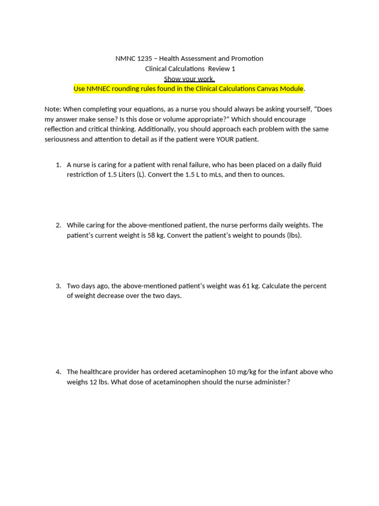 Clinical Calculations Review 1 Canvas-2 | PDF