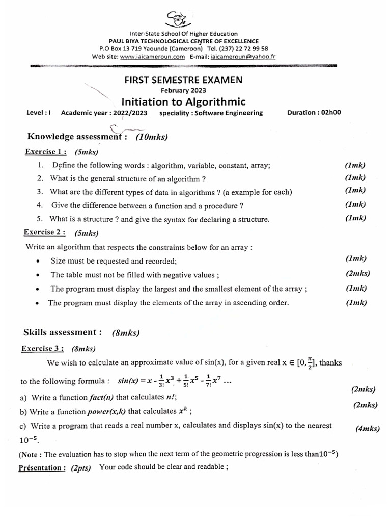 IAI-Cameroun-NIVEAU I-1Software Engineering-Algorithm-normal-169944976334 | PDF