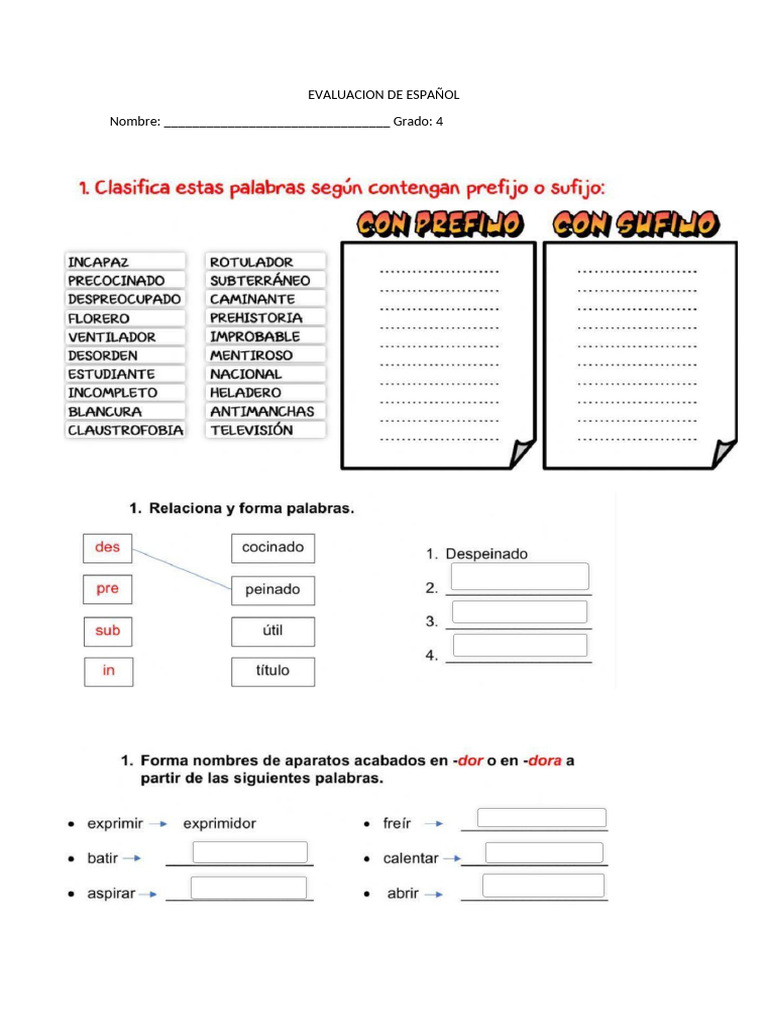 EVALUACION DE ESPAÑOL Prefijo y Subfijo | PDF