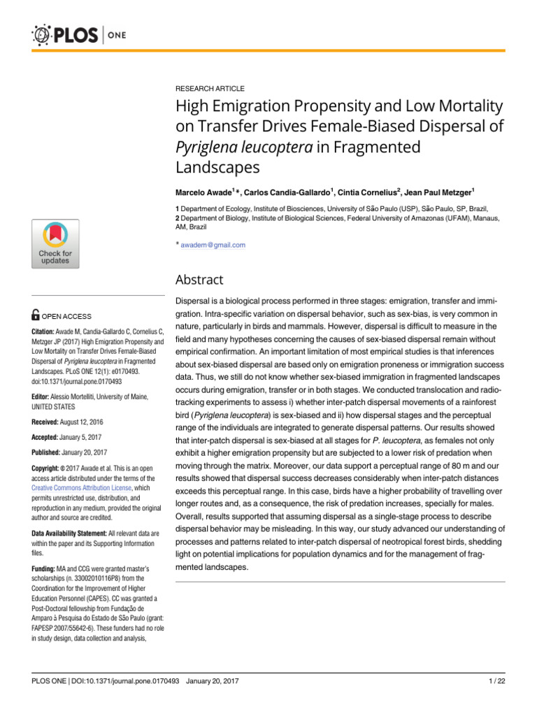 Awade et al 2017 Sex-biased dispersal in Pyriglena | PDF | Biological Dispersal | Evolution