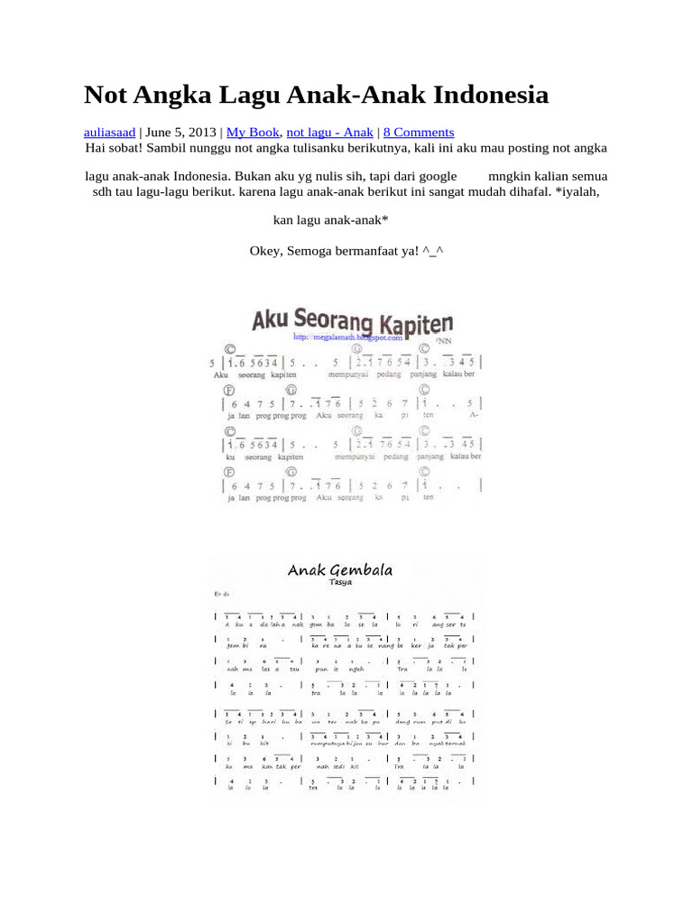 Notasi Angka Lagu Anak Indonesia | PDF