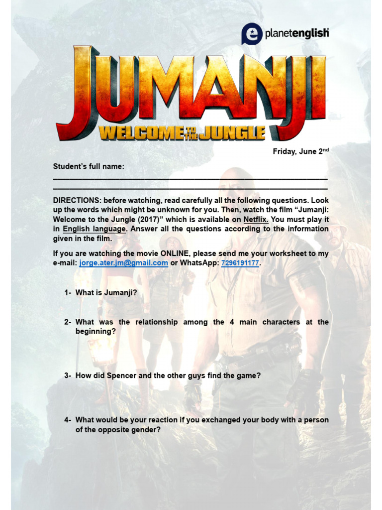Jumanji - Welcome To The Jungle - Quiz | PDF