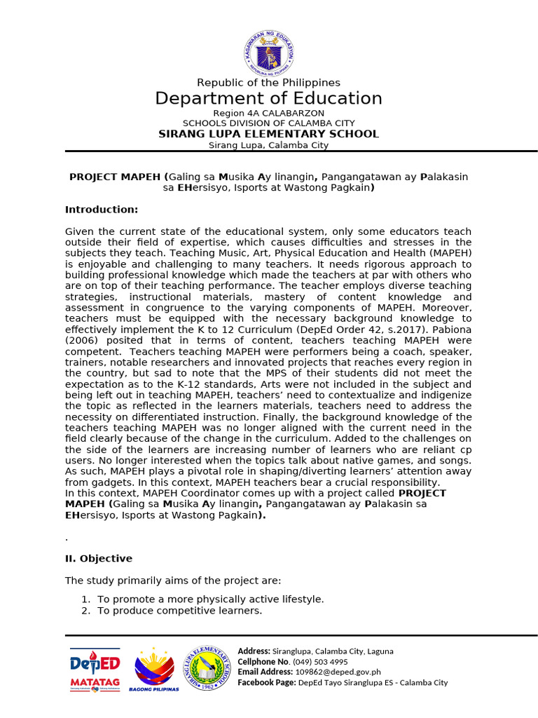 Project Proposal MAPEH | PDF | Teachers | Differentiated Instruction