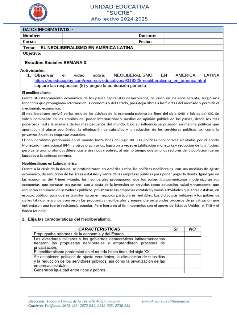 EESS. Ficha de actividades, semana 3, EL NEOLIBERALISMO EN AMÉRICA LATINA | PDF | Neoliberalismo ...