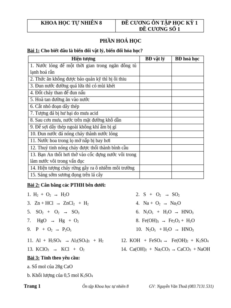 De Cuong On HK1 - Hoa Hoc | PDF