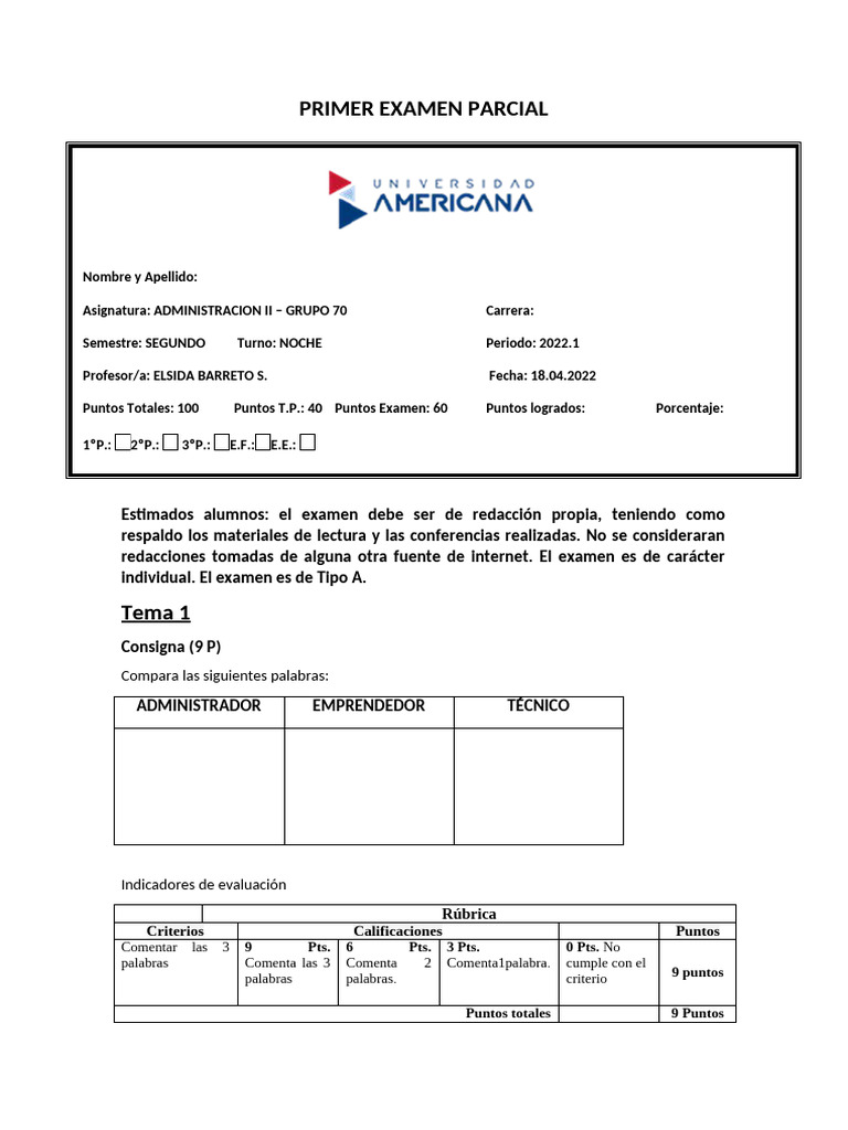 GRUPO 70. ADMINISTRACION II. PROF.ELSIDA BARRETO. PRIMER PARCIAL | PDF ...
