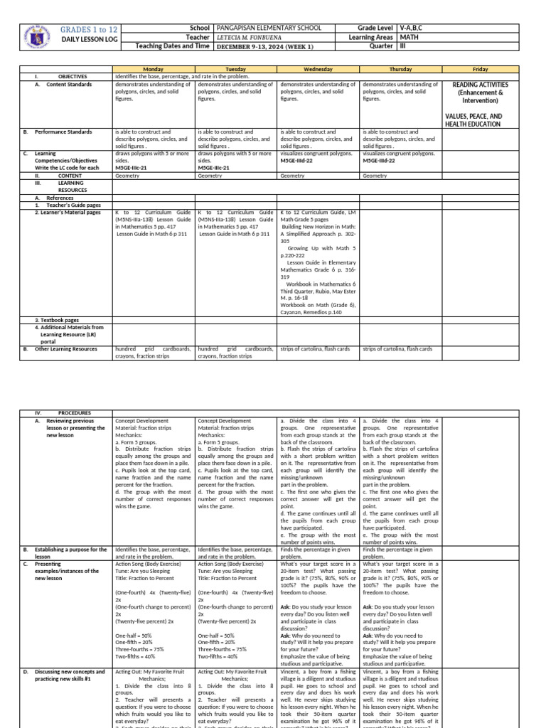Grade 5 DLL MATH 5 Q3 Week 1 | PDF | Percentage | Numbers