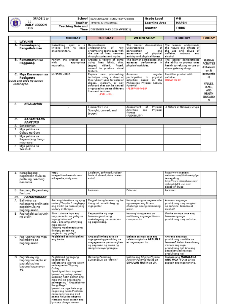 Grade 5 DLL MAPEH 5 Q3 Week 1 | PDF