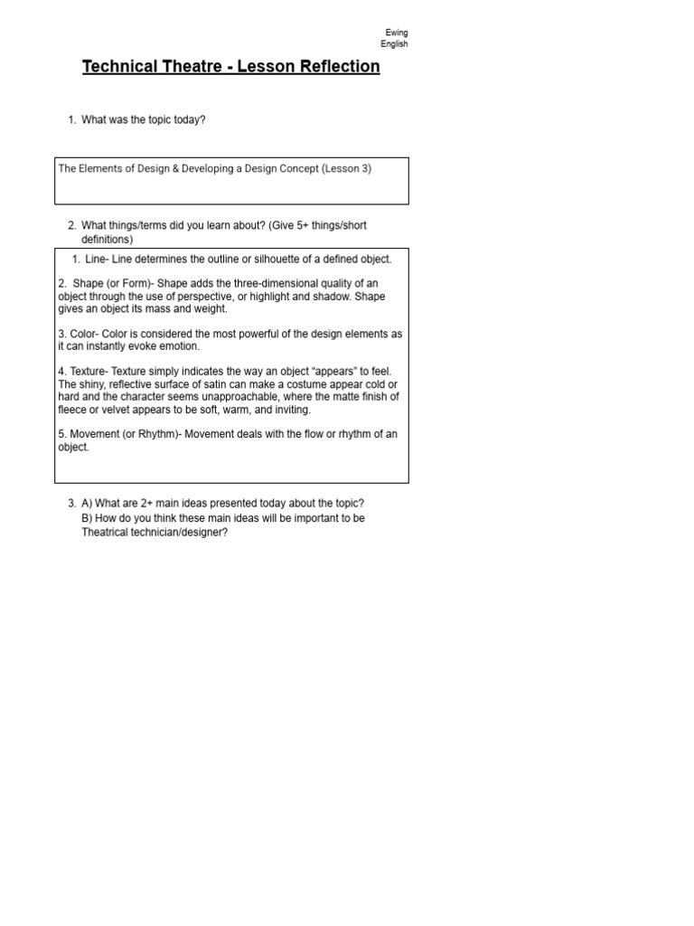 Technical Theatre - Lesson Reflection | PDF