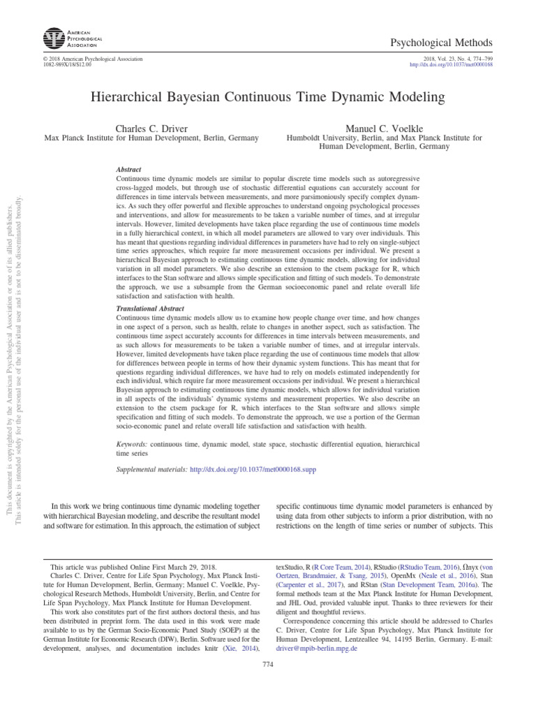 Hierarchical Bayesian Continuous Time Dynamic Modeling Pdf Multilevel Model Estimator