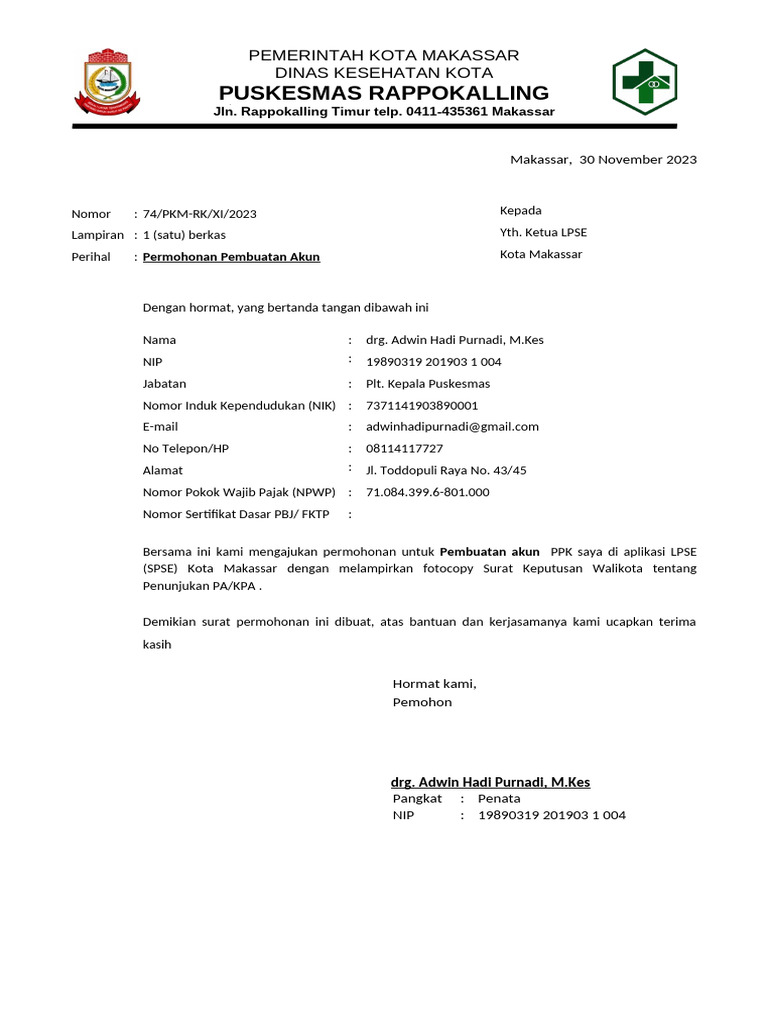 Form Permohonan Akun Spse | PDF