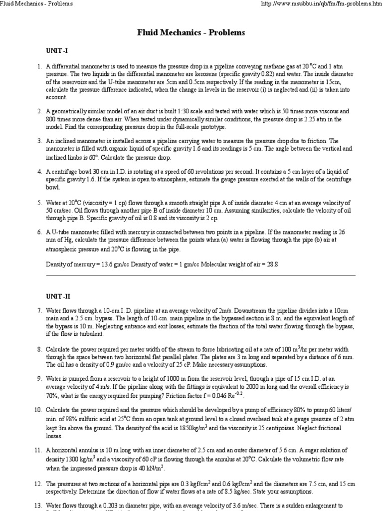 Fluid Mechanics - Problems | PDF | Pressure Measurement | Pressure
