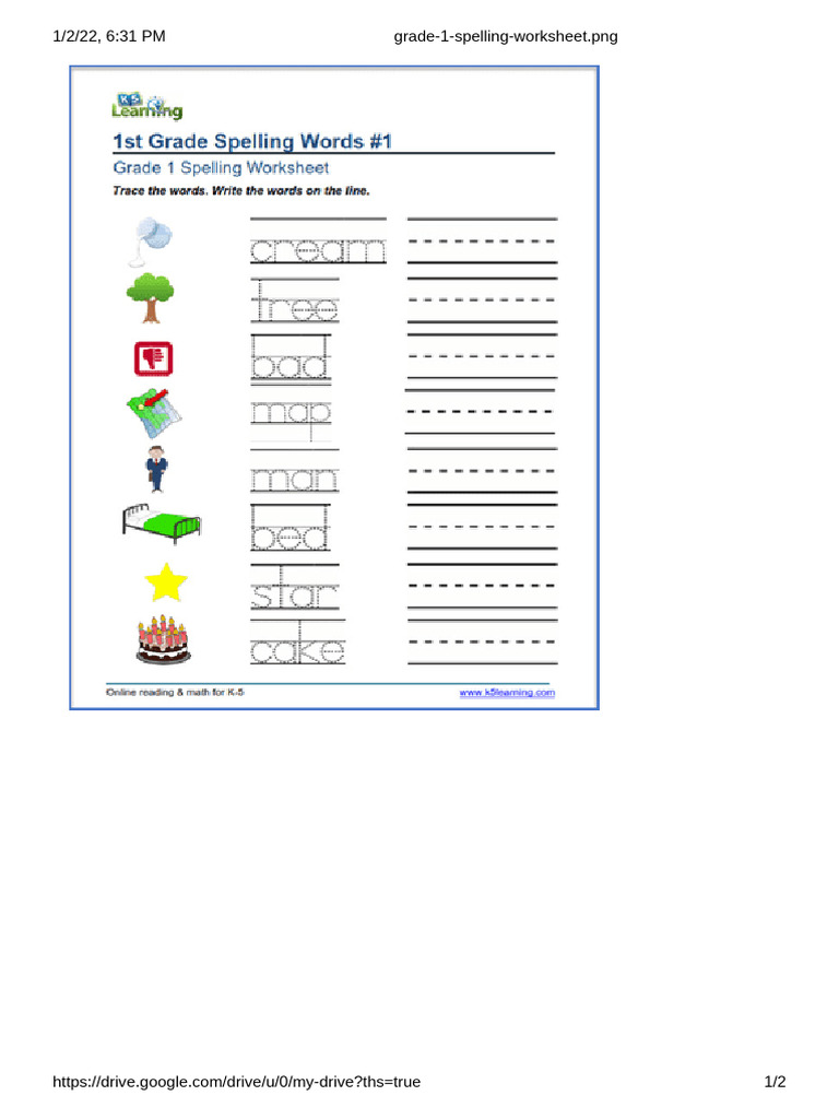Grade 1 Spelling Worksheet - PNG | PDF
