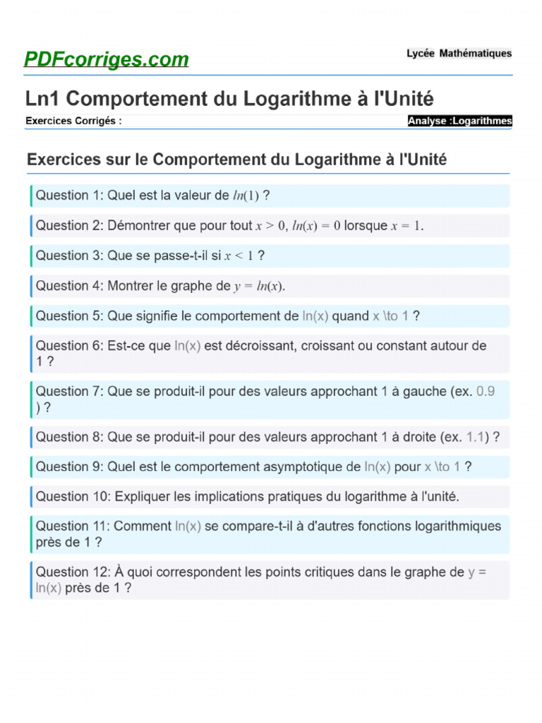 2667 Lycee Analyse ln1 Comportement Du Logarithme A L Unite | PDF